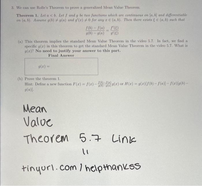 Solved We Can Use Rolle s Theorem To Prove A Generalized Chegg