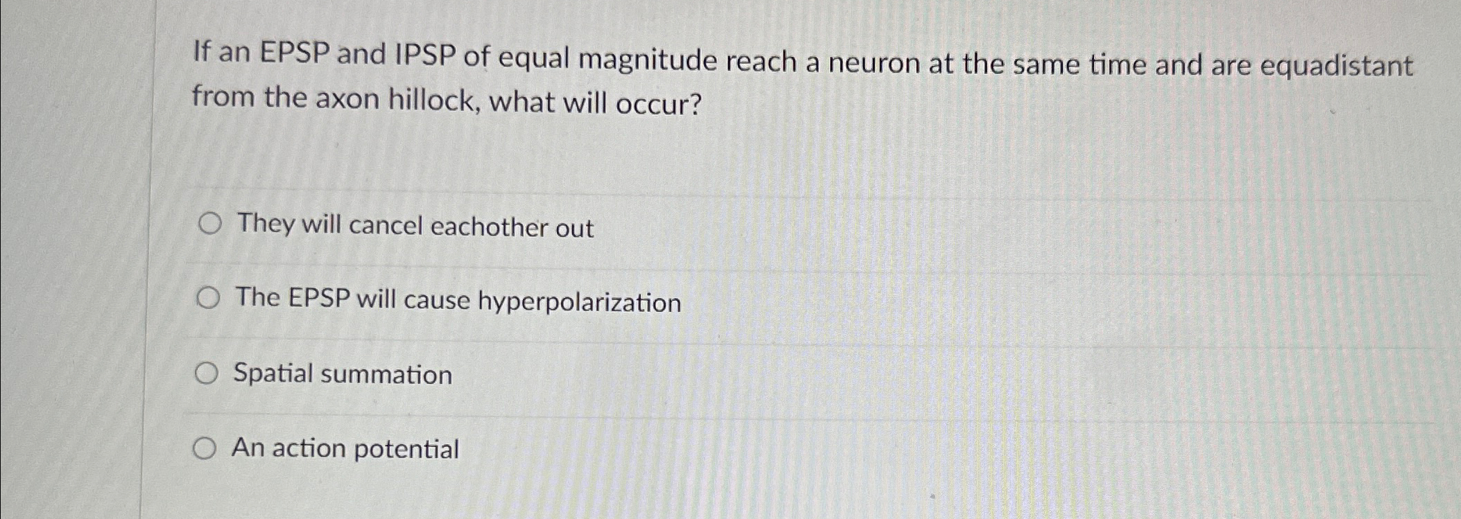 Solved If an EPSP and IPSP of equal magnitude reach a neuron | Chegg.com