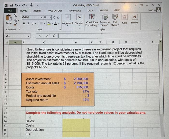 Solved B. ? - 5 X Calculating NPV - Excel FORMULAS DATA | Chegg.com