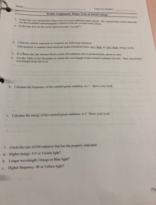 Ναπιες Chem 10, Section: Prelab Assignment: Flame | Chegg.com
