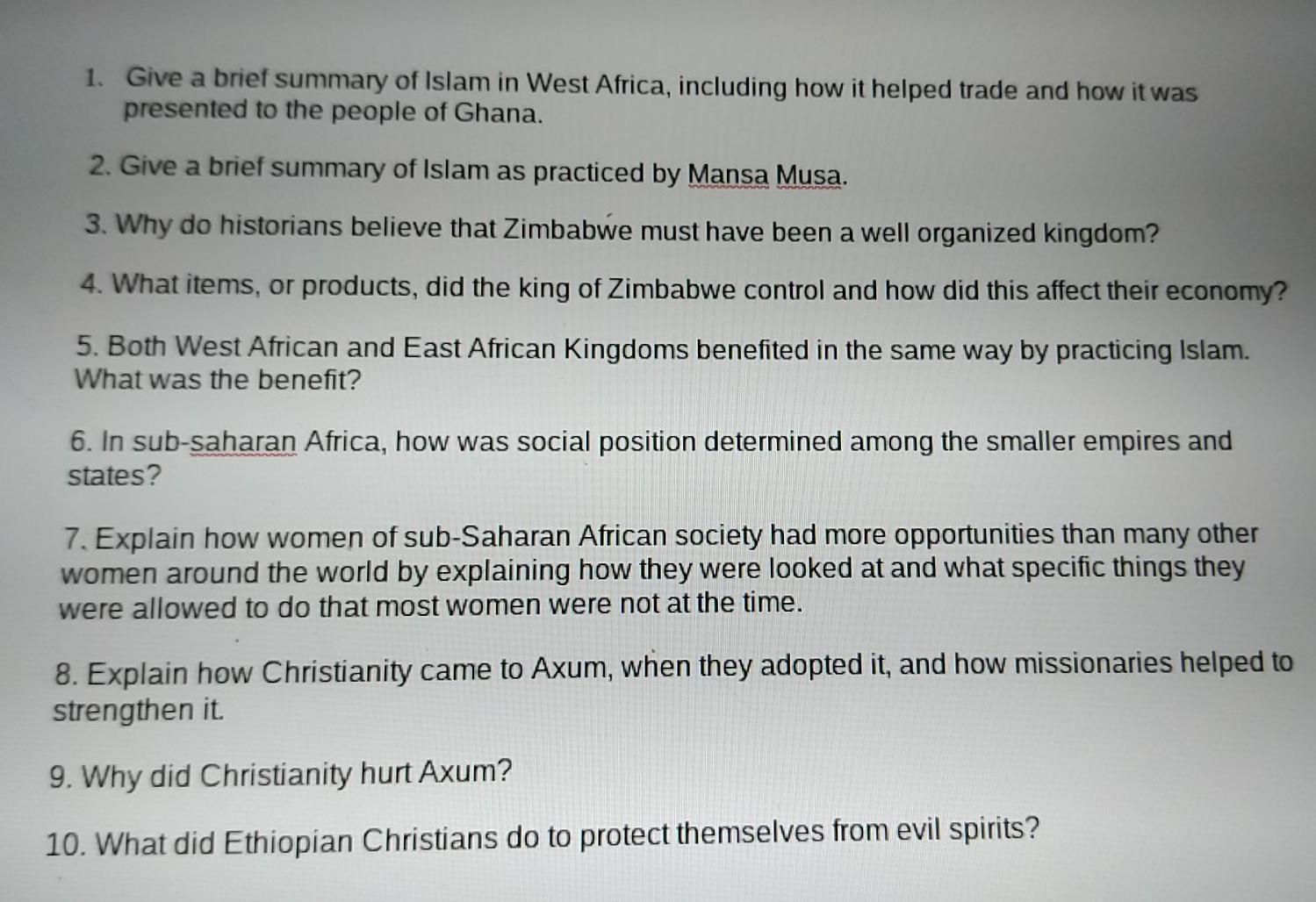 1. Give a brief summary of Islam in West Africa, | Chegg.com