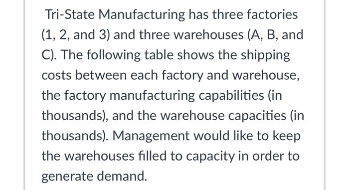Solved Tri-State Manufacturing has three factories (1, 2, | Chegg.com