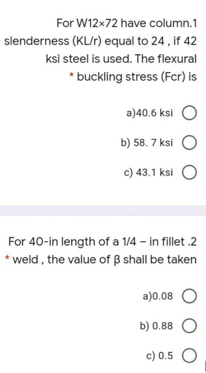 Solved For W12x72 have column.1 slenderness (KL/r) equal to | Chegg.com