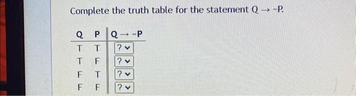 Solved Complete the truth table for the statement Q→∼P. | Chegg.com