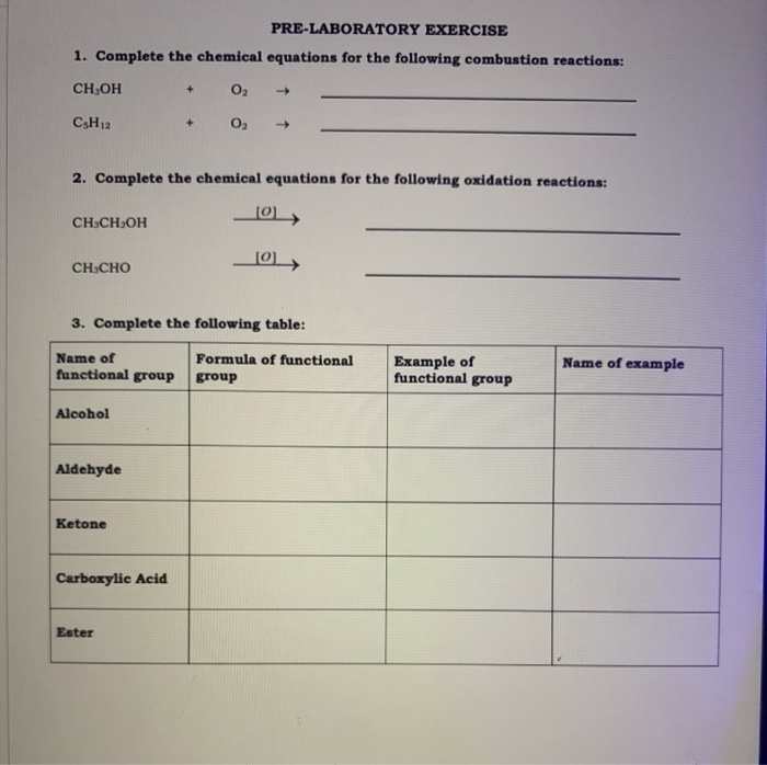 Solved PRE-LABORATORY EXERCISE 1. Complete the chemical | Chegg.com
