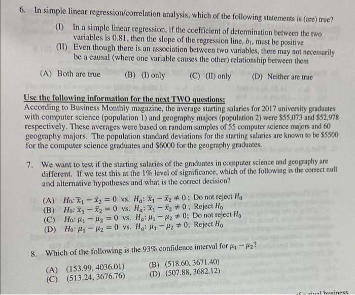 Solved 6. In simple linear regression/correlation analysis, | Chegg.com