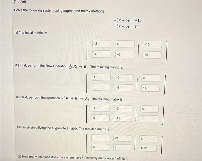 Solved (1 point) Solve the following system using augmented | Chegg.com