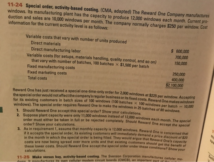 Solved 11-24 Special order, activity-based costing. (CMA, | Chegg.com