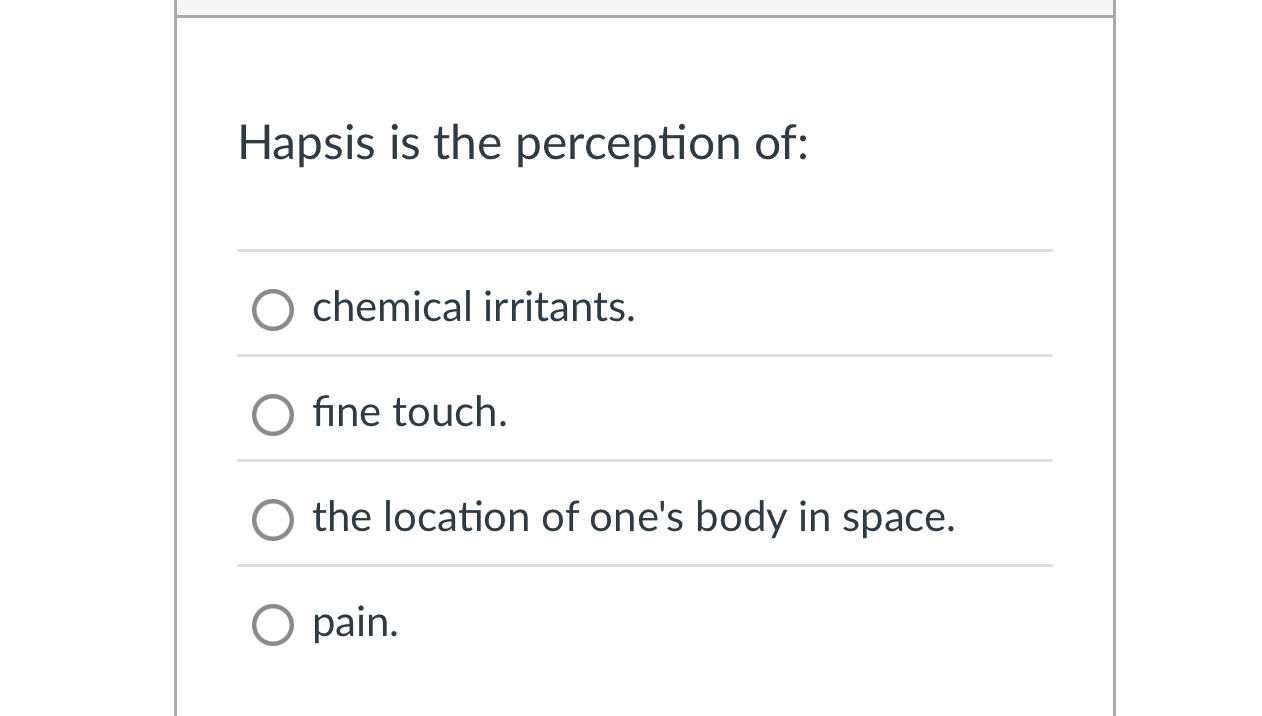 Solved Hapsis is the perception of:chemical irritants.fine | Chegg.com