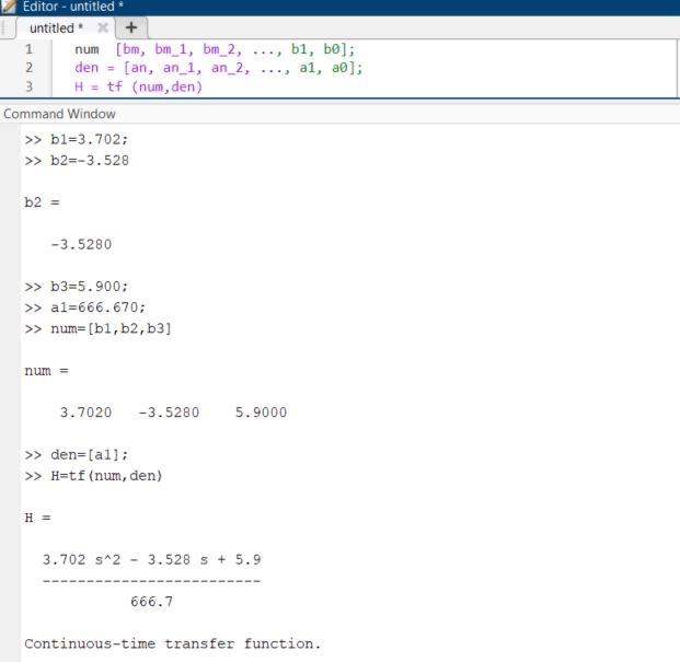 Solved Editor-untitled * Command Window ≫ den=[al]; ≫H=tf | Chegg.com