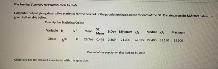 Solved Five Number Summary for Percent Obese by State | Chegg.com