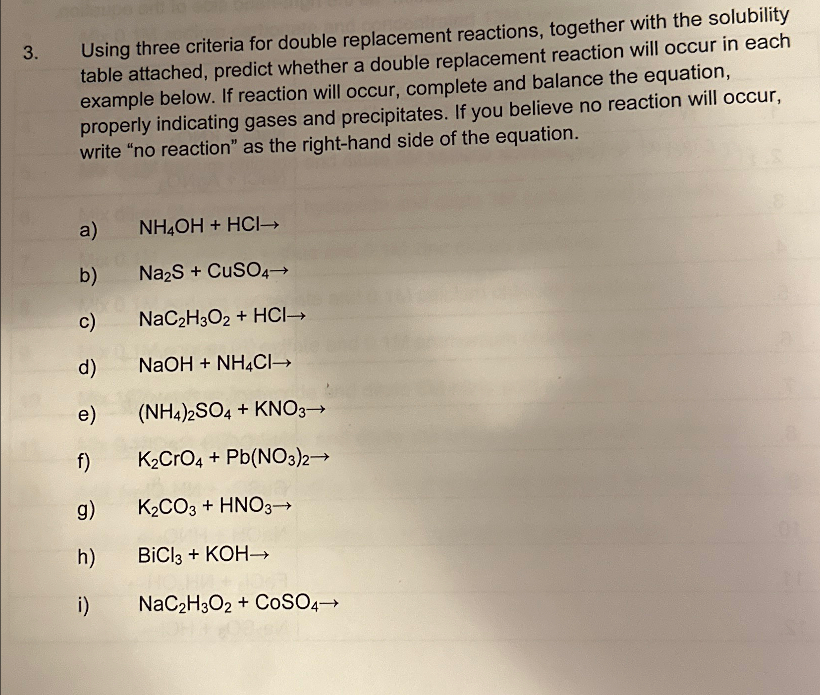 Using three criteria for double replacement | Chegg.com