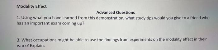 Solved Modality Effect Advanced Questions 1. Using what you | Chegg.com