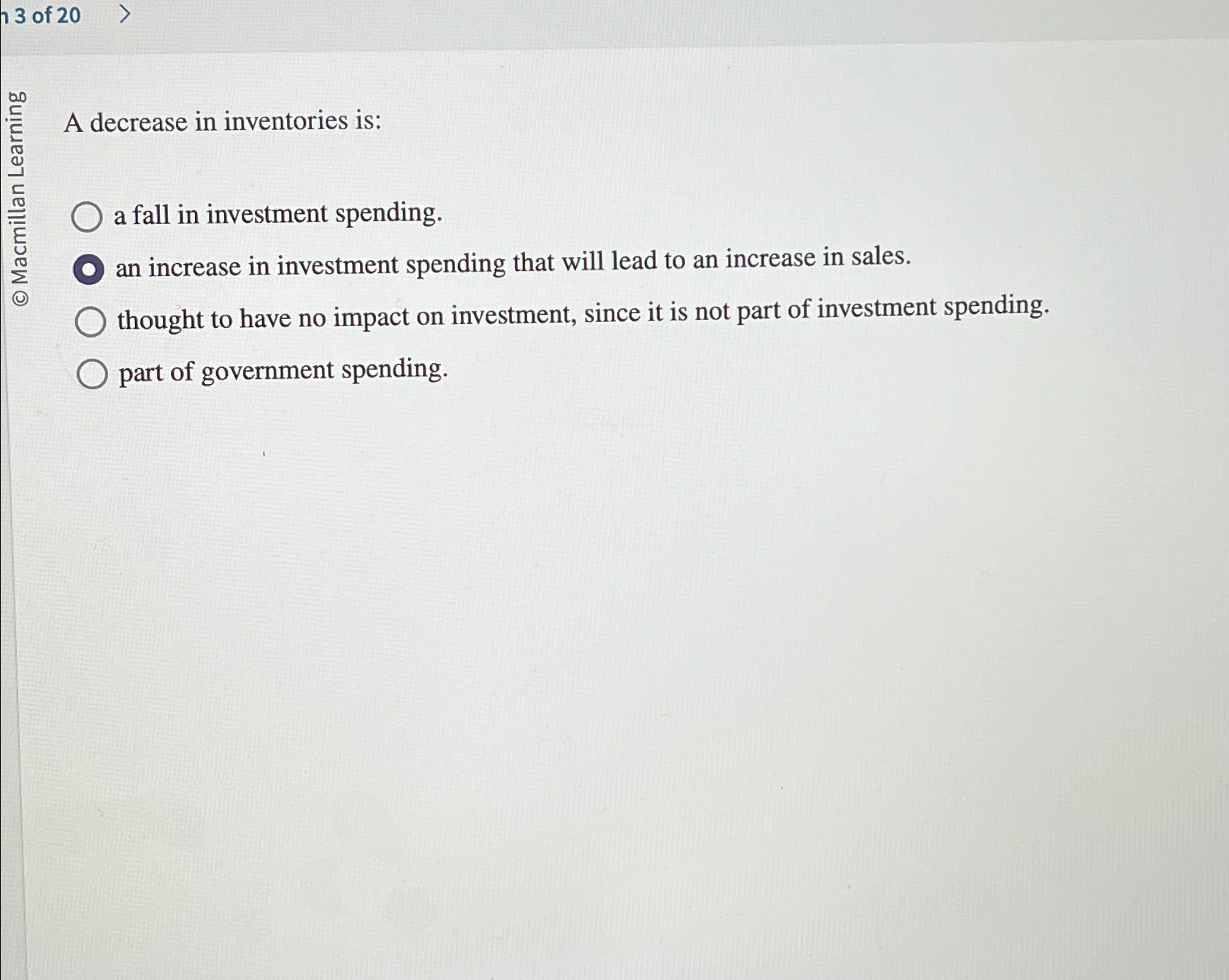 Solved 1 ﻿of 20A decrease in inventories is:a fall in | Chegg.com