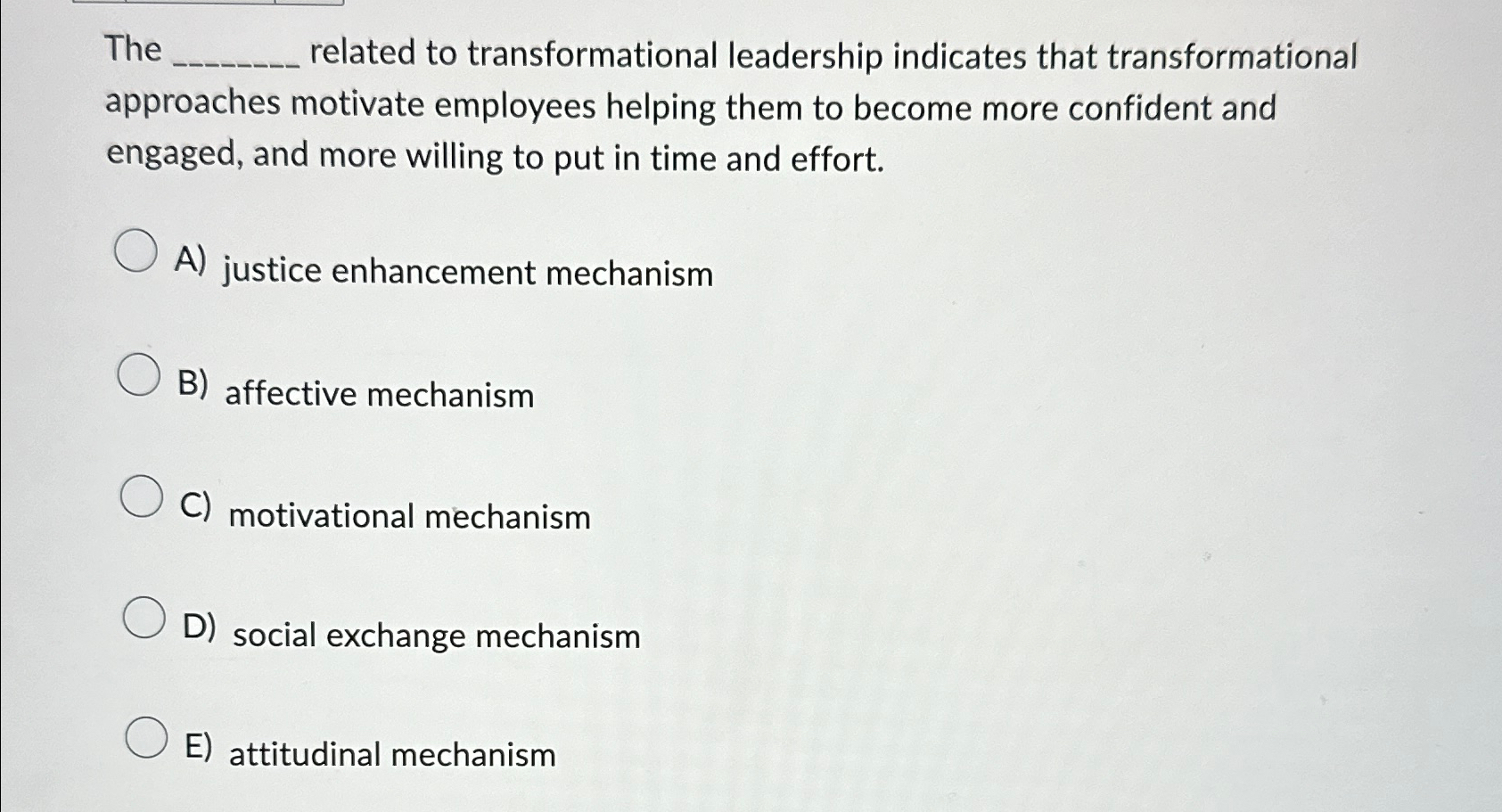 Solved The related to transformational leadership indicates | Chegg.com