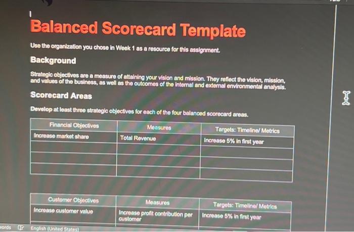 words Balanced Scorecard Template Use the | Chegg.com
