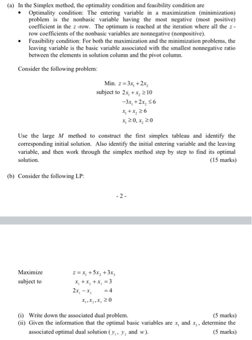 Solved A In The Simplex Method The Optimality Condition