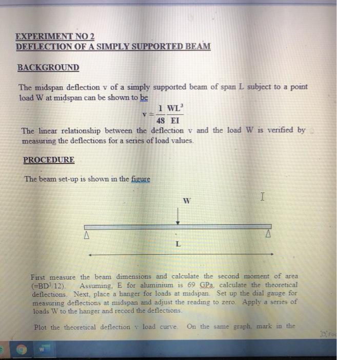 Solved EXPERIMENT NO 2 DEFLECTION OF A SIMPLY SUPPORTED BEAM | Chegg.com