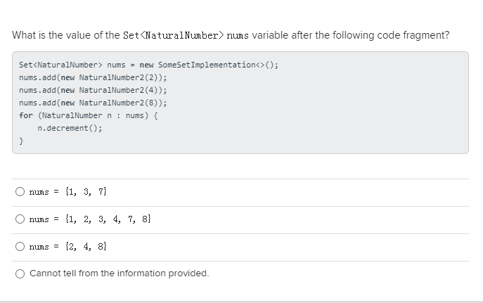 Solved What is the value of the Set nums variable after the | Chegg.com