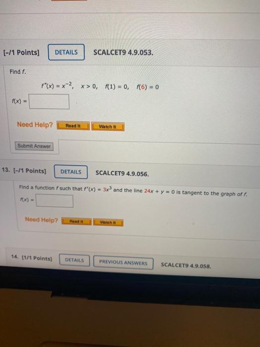 Solved [-/1 Points) DETAILS SCALCET9 4.9.053. Find f. f"(x) | Chegg.com