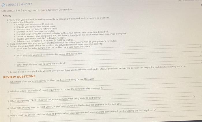 CENGAGE MINOTAP Lab Manual 8-6; Sabotage and Repair a | Chegg.com