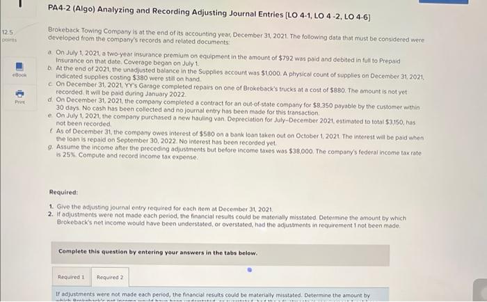 Solved PA4-2 (Algo) Analyzing and Recording Adjusting | Chegg.com