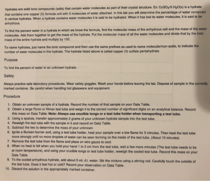 Solved Lab 09 - Percent of Water in a Hydrate Pre-Lab | Chegg.com