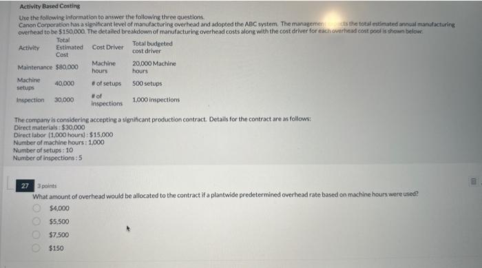 Solved Activity Based Costing Use the following information | Chegg.com