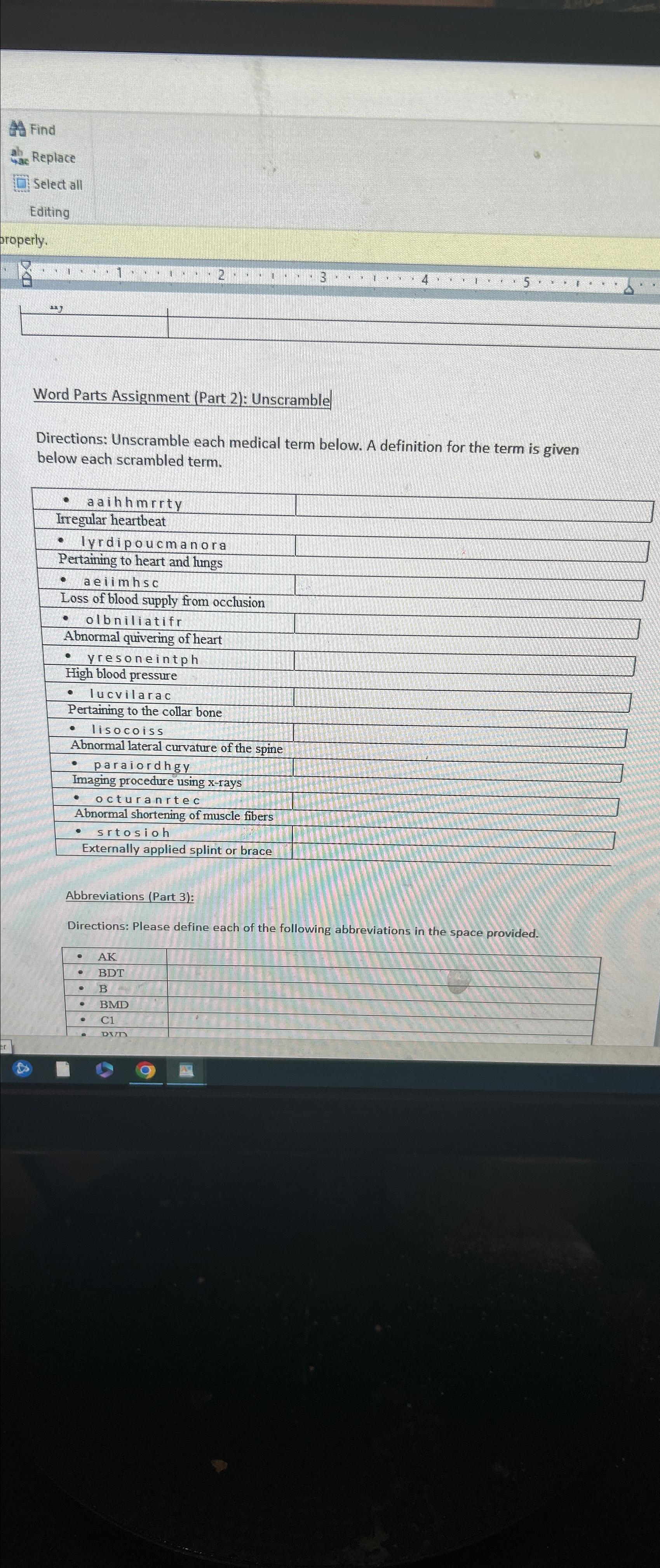 Solved FindReplaceSelect allEditingoroperly.Word Parts | Chegg.com
