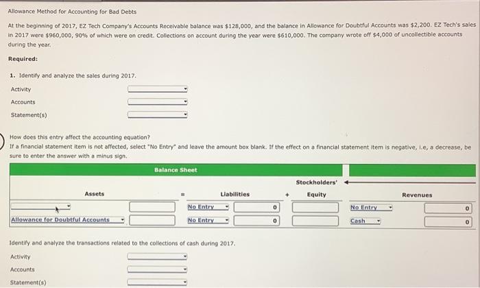 Solved Allowance Method for Accounting for Bad Debts At the | Chegg.com