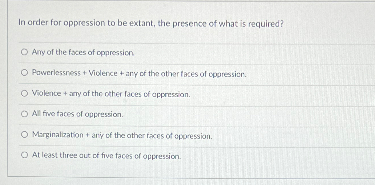 Solved In order for oppression to be extant, the presence of | Chegg.com