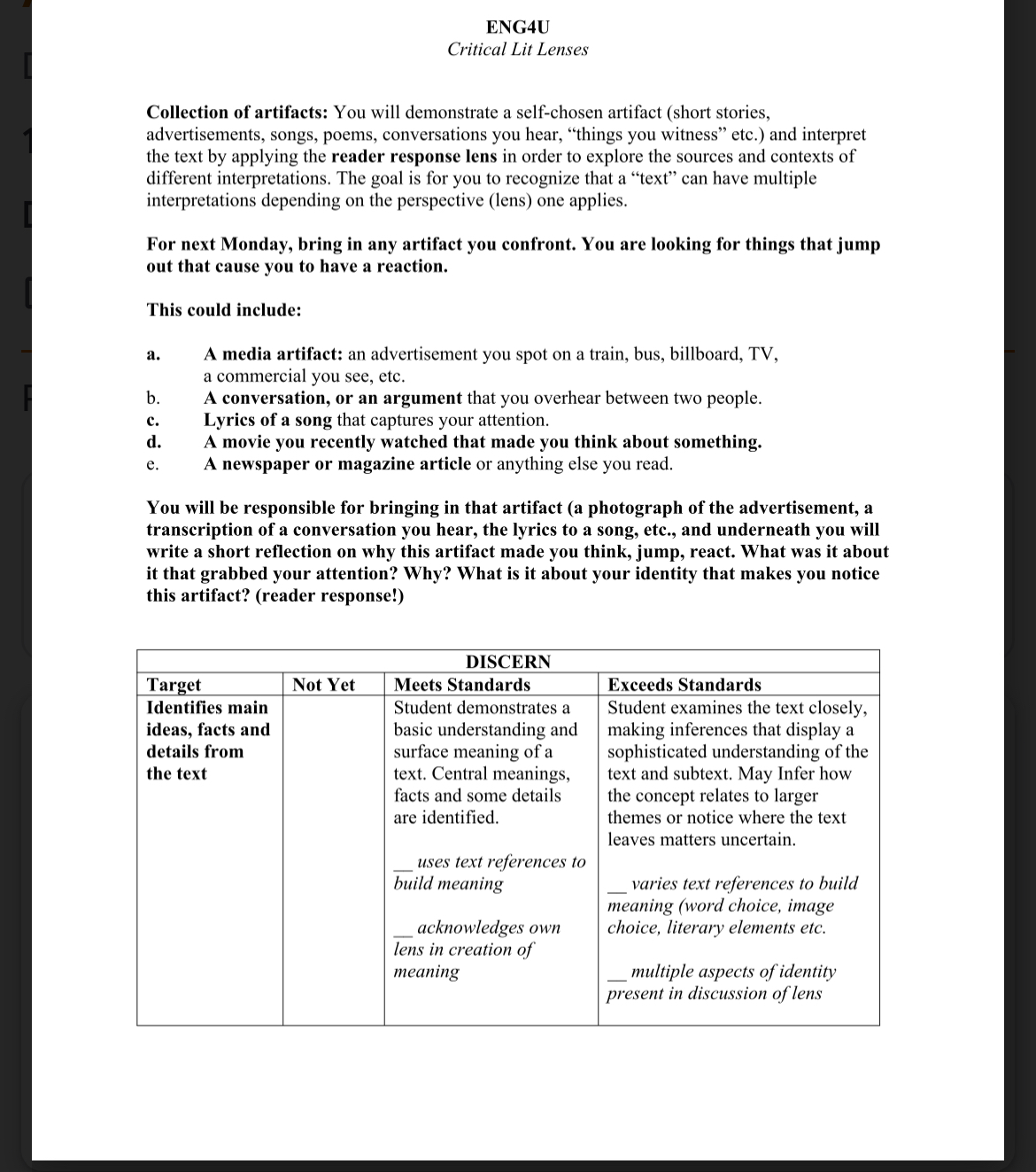 Solved ENG4UCritical Lit LensesCollection of artifacts: You | Chegg.com