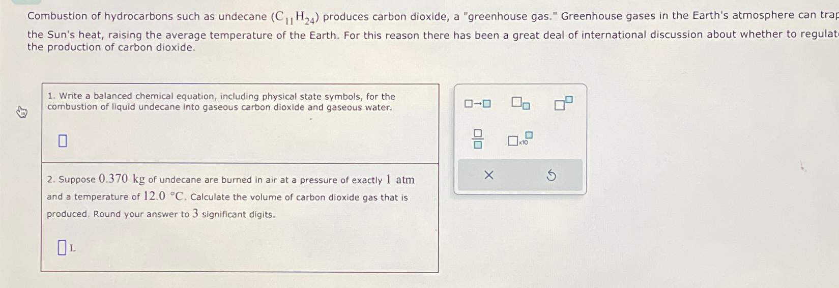 Combustion of hydrocarbons such as undecane (C11H24) | Chegg.com