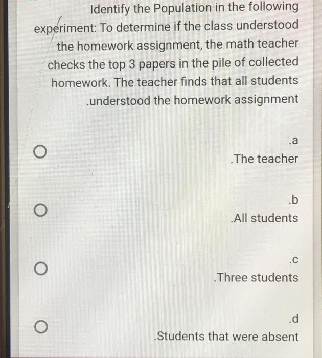 Solved Identify the Population in the following experiment: | Chegg.com