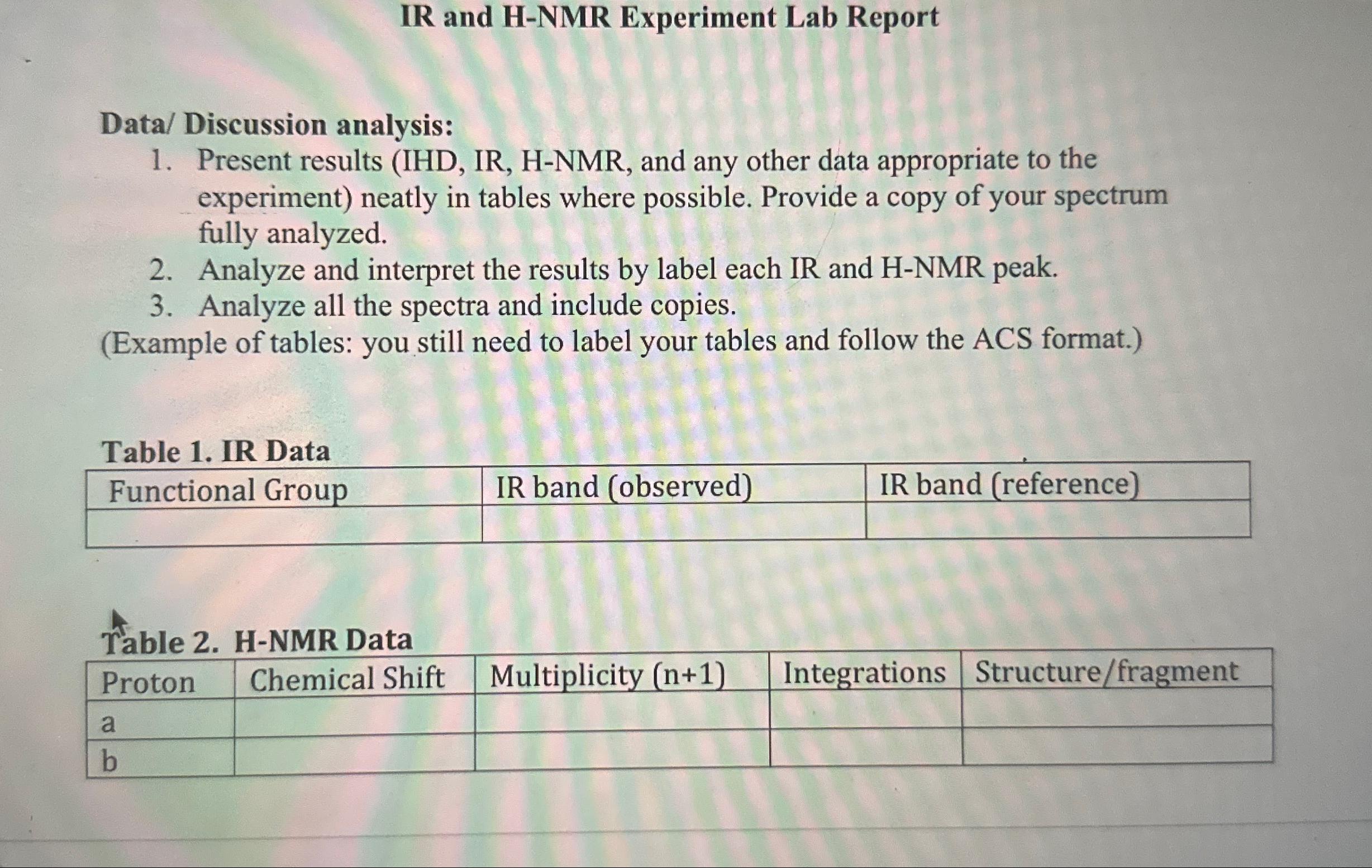 IR and H-NMR Experiment Lab ReportData/ ﻿Discussion | Chegg.com