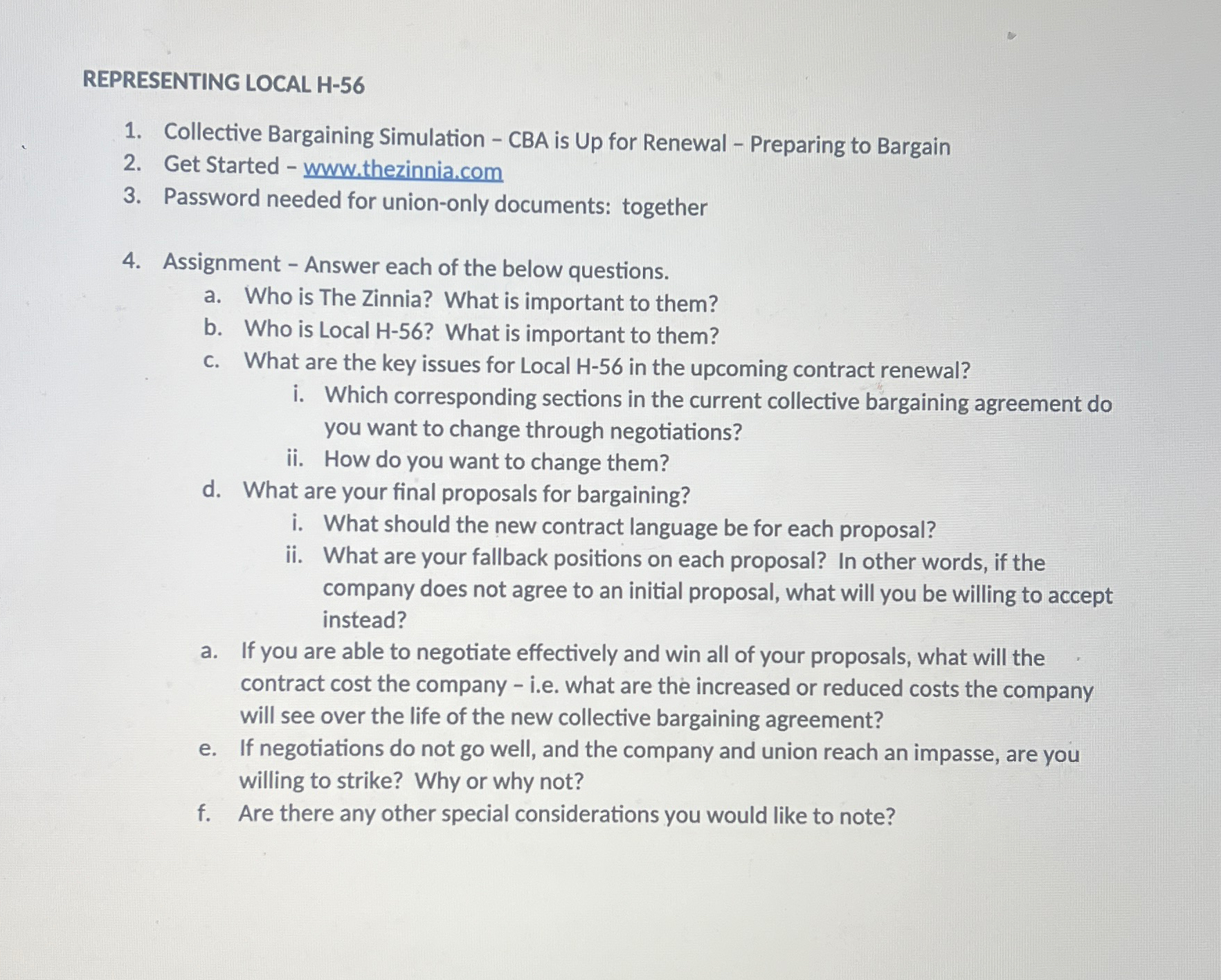 Solved REPRESENTING LOCAL H-56Collective Bargaining | Chegg.com