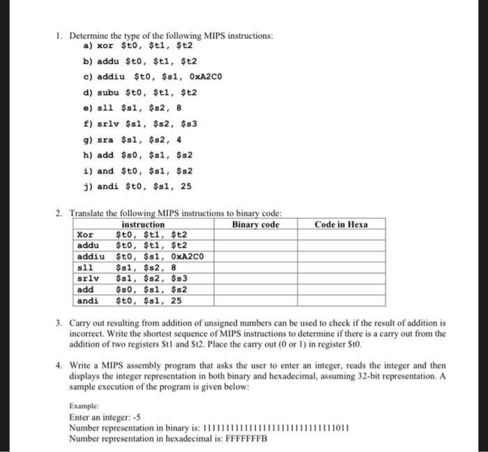 Solved 1 Determine The Type Of The Following Mips