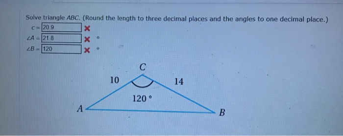 Solved Solve triangle ABC. (Round the length to three | Chegg.com