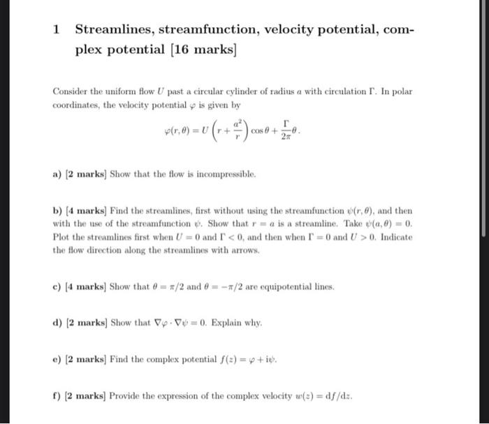 Solved 1 Streamlines, streamfunction, velocity potential, | Chegg.com