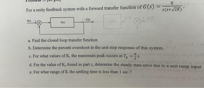 Solved For a unity feedback system with a forward transfer | Chegg.com