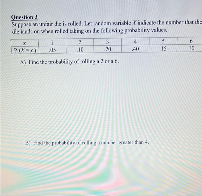 Solved Question 3 Suppose an unfair die is rolled. Let | Chegg.com