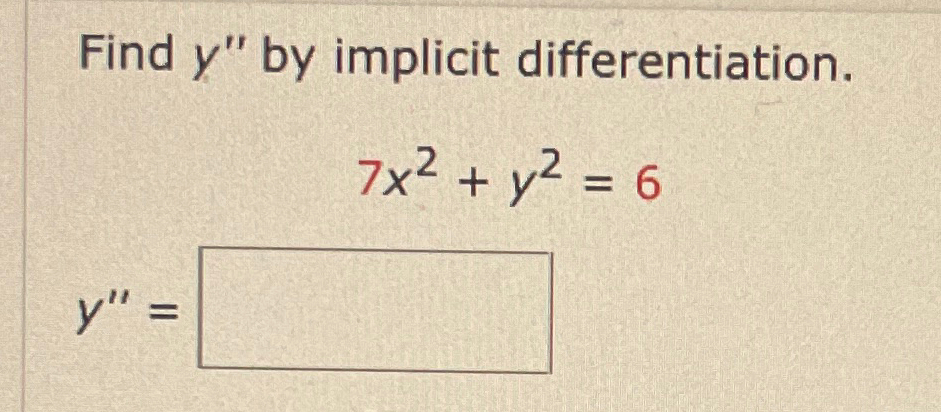 Solved Find y'' ﻿by implicit differentiation.7x2+y2=6y''= | Chegg.com