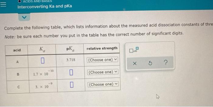 Solved O ACIDS AND BASES Interconverting Ka and pka Complete | Chegg.com