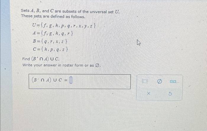 Solved t Sets A, B, and Care subsets of the universal set U | Chegg.com