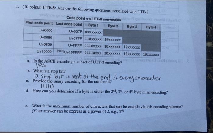 Solved 1. (10 points) UTF-8: Answer the following questions | Chegg.com