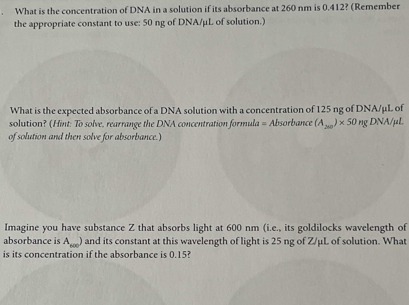 Solved What is the concentration of DNA in a solution if its | Chegg.com