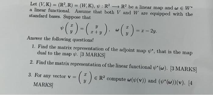 Solved Let (V,K)=(R2,R)=(W,K),ψ:R2 R2 be a linear map and | Chegg.com