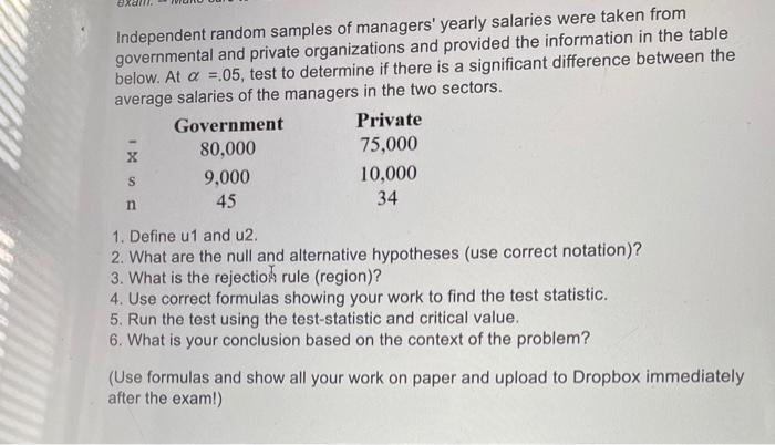 Solved Independent random samples of managers' yearly | Chegg.com