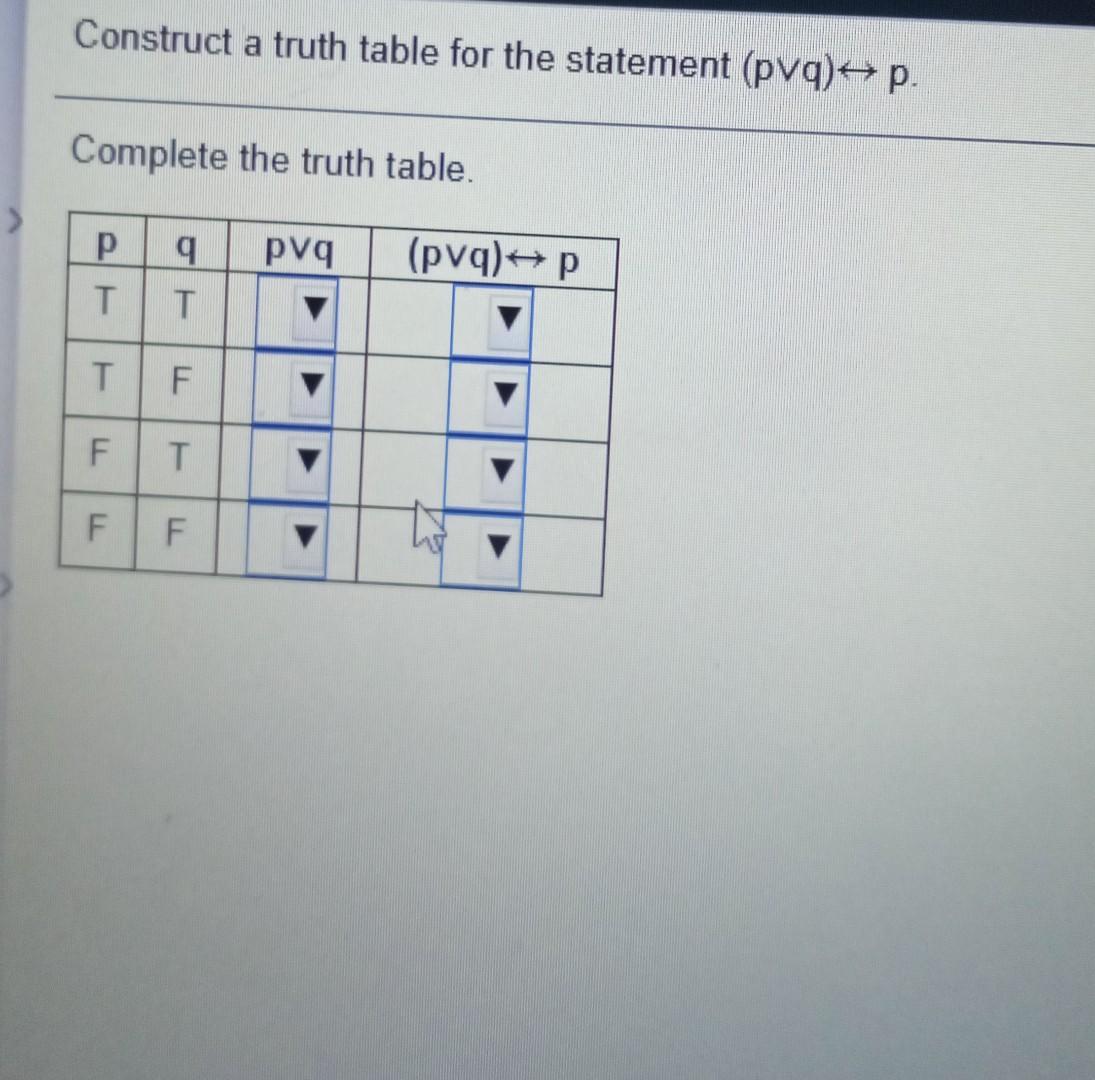 Solved Construct a truth table for the statement (pvq) p. a | Chegg.com