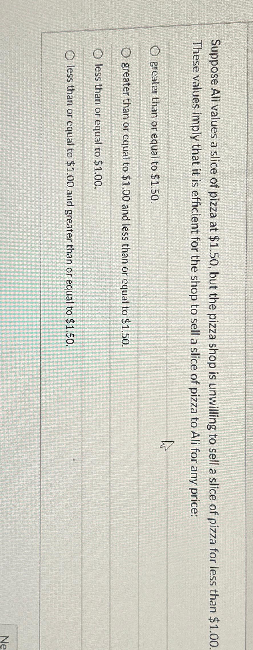 Solved Suppose Ali values a slice of pizza at $1.50, ﻿but | Chegg.com